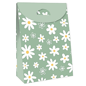Big Dot of Happiness Sage Green Daisy Flowers - Floral Gift Favor Bags - Party Goodie Boxes - Set of 12