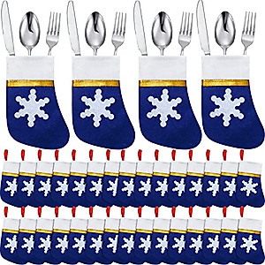 30 Pieces Christmas Dinner Table Decorations Snowflake Stocking Silverware Holder Mini Xmas Sock Tableware Holder Bag Knife Fork Spoon Knife Holder for Christmas Party Supplies(Snowflake Pattern)