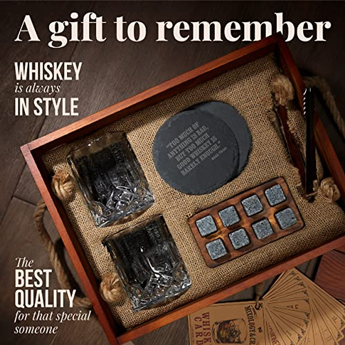 Mixology & Craft Whiskey Stones Gift Set for Men - 2 Glasses, 8 Chilling Rocks & Wooden Box - Whiskey Glass Gift Sets - Jameson Brown