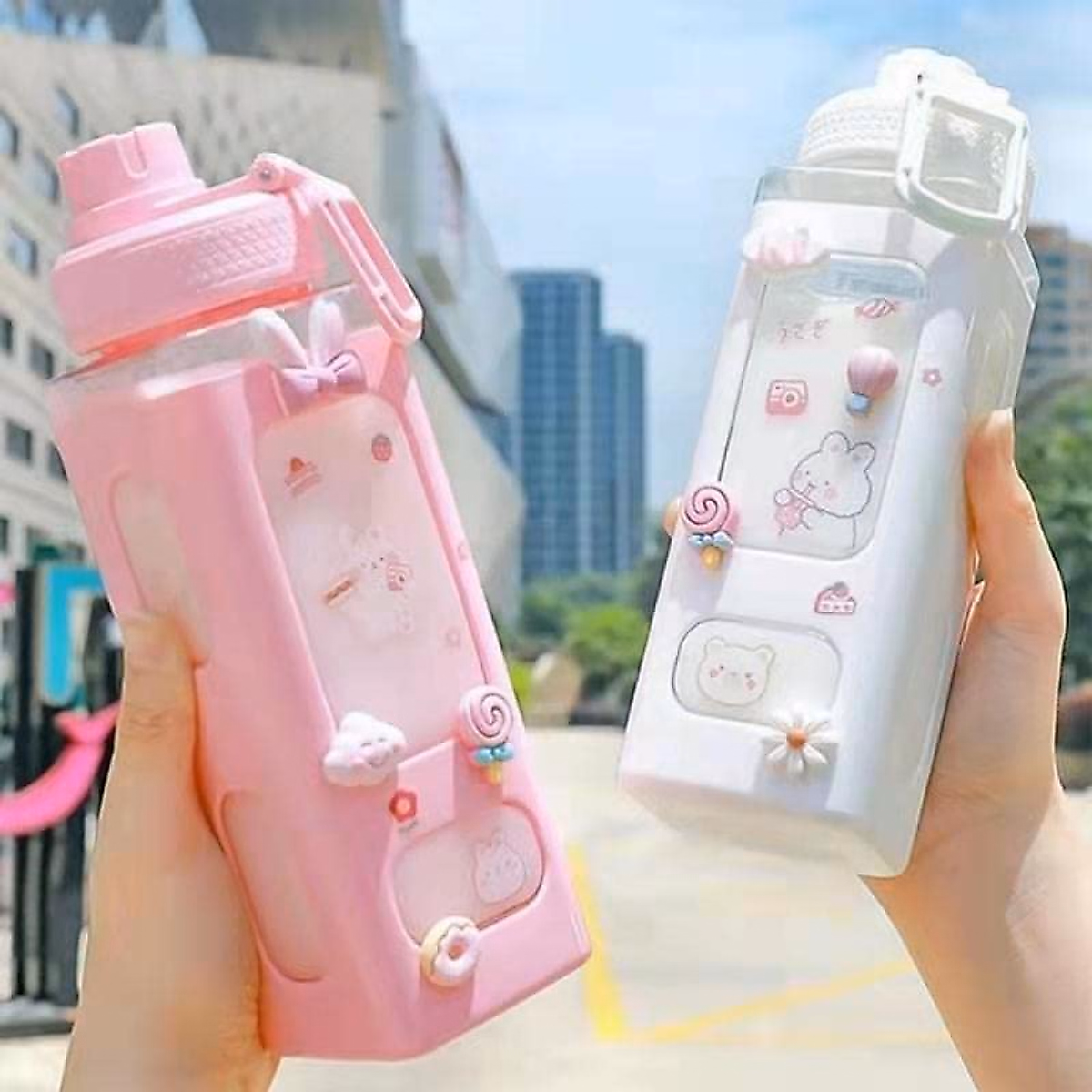 excvalues Kawaii Water Bottle with Straw Cute Large Water Bottles with Kawaii Stickers Aesthetic Leakproof Square Drinking Bottle (pink)