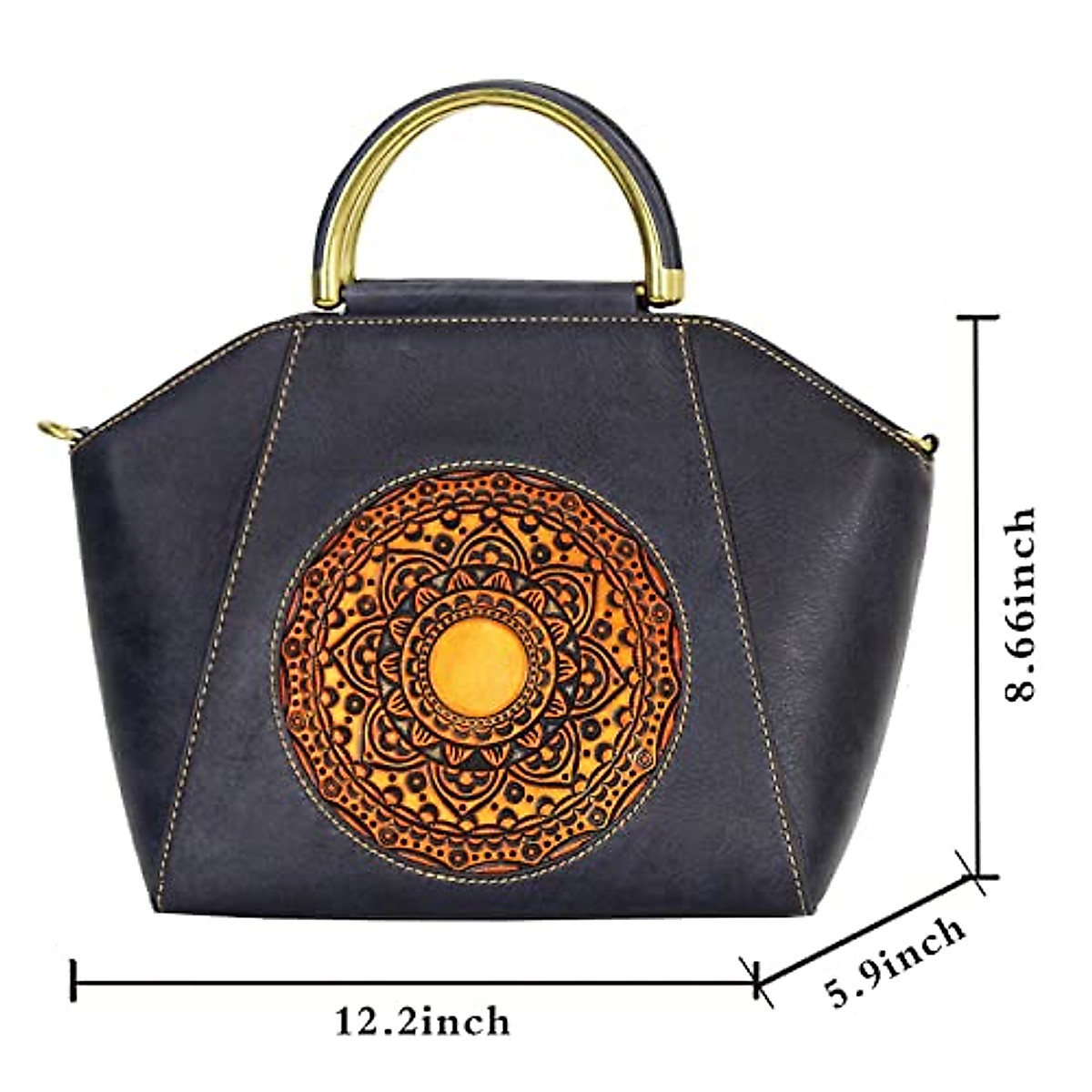 Women Genuine Leather Handbags Ladies Vintage Satchel Embossing Totem Retro Shoulder Crossbody Vegetable Tanning leather Bag (Ink Blue)
