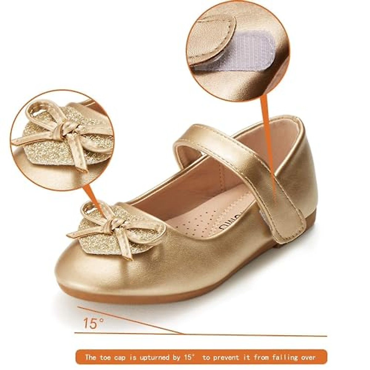 ADAMUMU Girls Gold Shoes Princess Dress Shoes Bow Ballet Flats for Party,Size 2M Big Kid