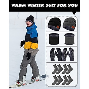 10 Pieces Winter Hat Beanie Scarf Touch Screen Gloves and Sock Set Slouchy Knit Skull Cap Beanies Fleece Lining Neck Warmer (Black, Gray)