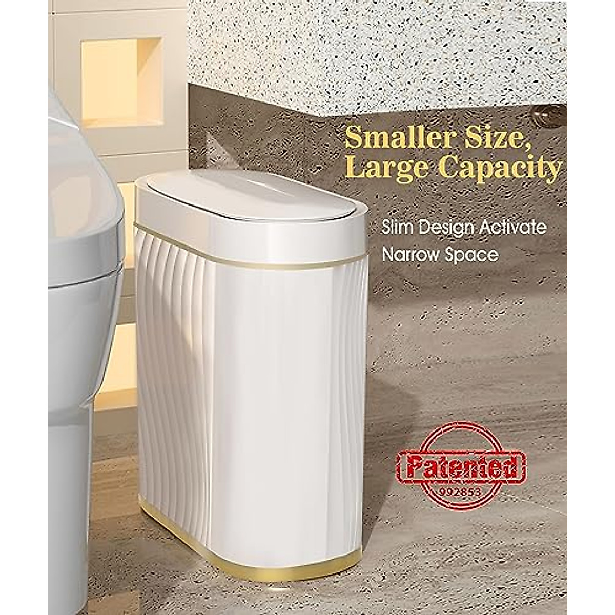 GloDeals Bathroom Trash Can with Lid Automatic Garbage Can, 2 Gallon Slim Smart Trash Can, Small Plastic Trash Bin, Touchless Motion Sensor Trash Can for Bedroom, Bathroom, Office (Cream/Gold Trim)