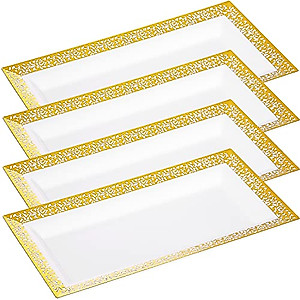 Disposable Serving Trays and Platters Set, Pack of 4 - 7.5 x 14 Inches White Plastic Rectangular Tray with Gold Lace Rim - Decorative Plastic Dessert Trays for Dessert Table, Parties, Weddings