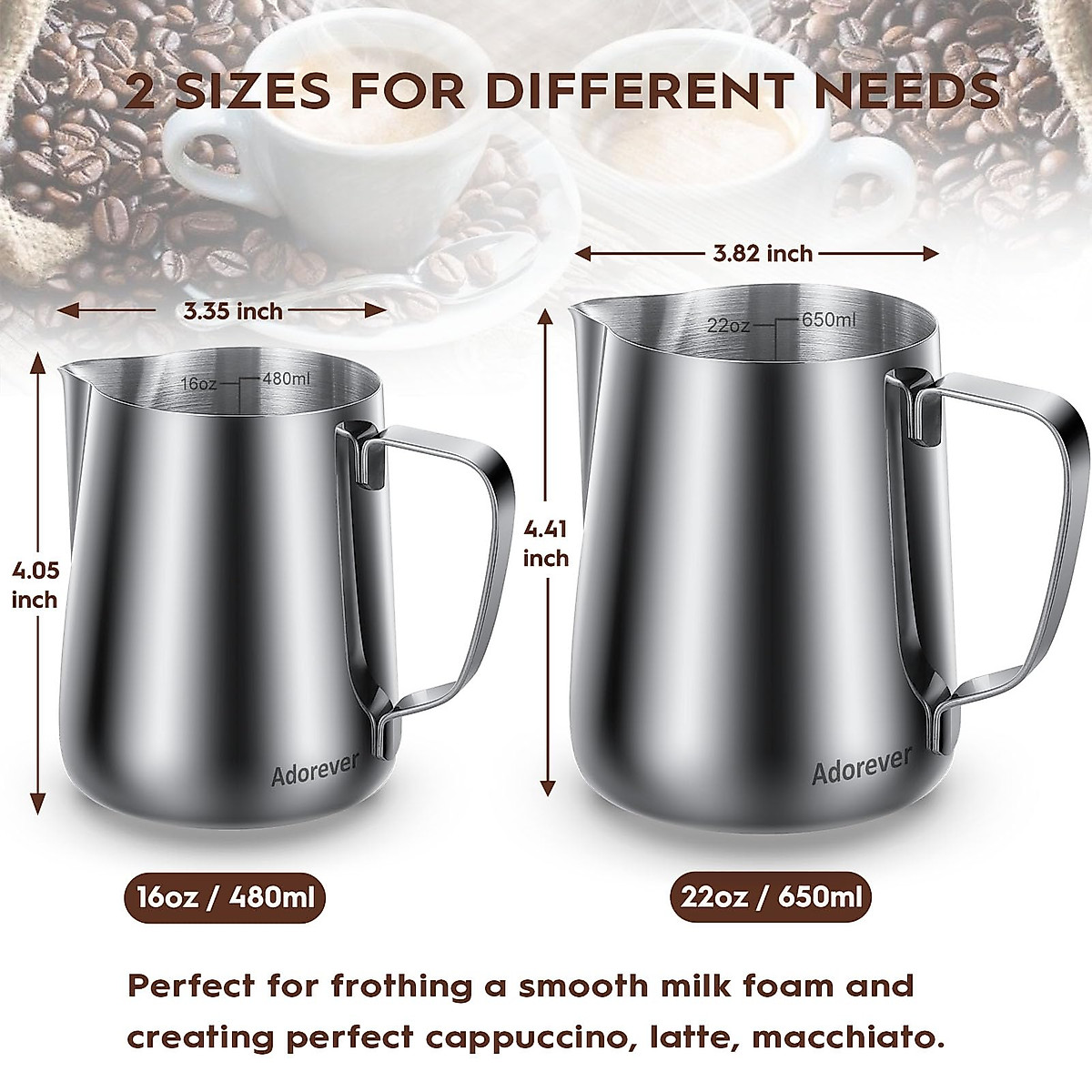 Adorever Milk Frothing Pitcher, 16oz 480ml Milk Frother Cup Stainless Steel Steaming Pitcher, Coffee Bar Cappuccino Espresso Machine Accessories Barista Tools, Steamer Cup Milk Jug with Latte Art Pen