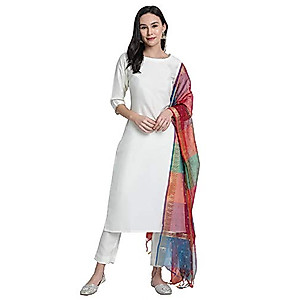 Janasya Indian Women's Off-White Poly Silk Kurta With Pant And Dupatta(SET268-KR-NP-L)