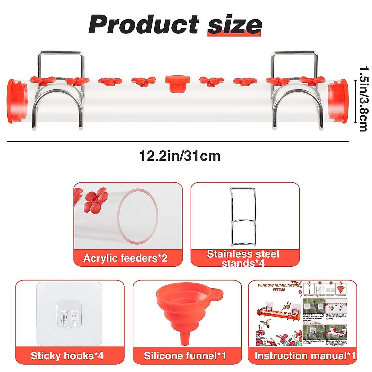 Close-up Viewing Window Hummingbird Feeder with 8 Ports Leak Proof, Top Fill & Easy to Clean Humming Bird Feeders Tube for Outdoors, 2 Pack