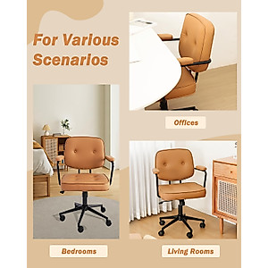 Small Office Desk Chair with Armrests Comfy Low Back Lumbar Support,Adjustable Height 360°Rolling Swivel Wheels,Modern PU Leather Office Task Chair,for Home, Bedroom,Office,Small Space (brown)