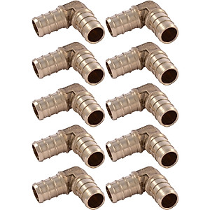 SharkBite 1/2 Inch Crimp 90 Degree Elbow, Pack of 10, Brass Plumbing Fitting, PEX Pipe, PE-RT, UC248LFA10.