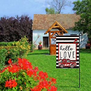 Hello Love Valentines Day Garden Flag Burlap 12×18 Inch Vertical Double Sided, Red Truck and Love Farmhouse Rustic Seasonal Yard Outdoor Decorations DF165