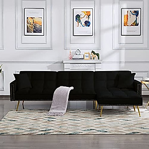Eafurn Velvet Upholstery Convertible Sleeper Sofa Bed with Reversible Chaise,L Shaped Sectional Couch w/Reclining Backrest and 2 Pillows,Comfy Corner Sofa & Coues for Living Room Furniture Sets