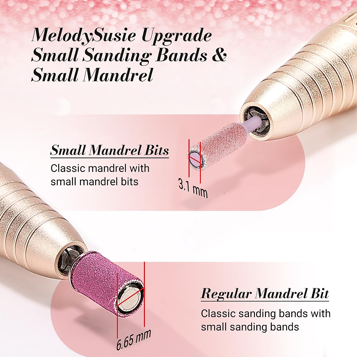 MelodySusie 50 Pcs Nail Drill Bits Small Sanding Bands with 3.1mm Mandrel Bit, 180 Fine Grit Nail File for Acrylic Nails Gel Manicures and Pedicure, Pink