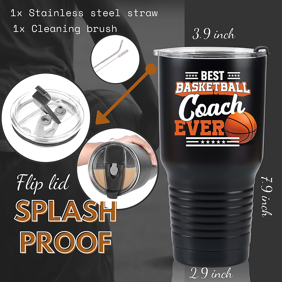 Onebttl Basketball Coach Gifts - Stainless Steel Tumbler 30Oz, Black - for Dad, Son, Man, Coworker, Friends, Teammates on Birthday (Best Coach Ever)