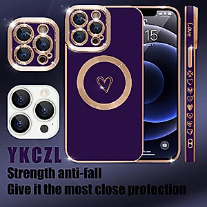 YKCZL Compatible with iPhone 13 Pro Max Case MagSafe, Luxury Plating Cute Heart Full Camera Lens Protection Magnetic Case for iPhone 13 Pro Max for Women Girls-Deep Purple