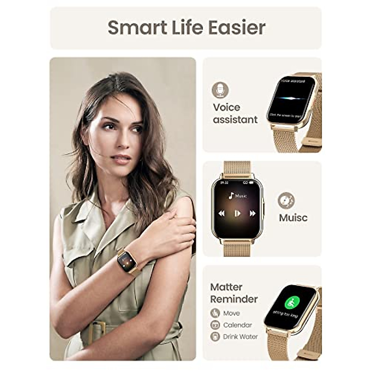 Smart Watches for Women (Answer/Make Call), Bluetooth Smartwatch for Android Phones and iPhone, Waterproof Fitness Tracker with Text, Heart Rate, Blood Oxygen, Sleep Monitor (Gold)