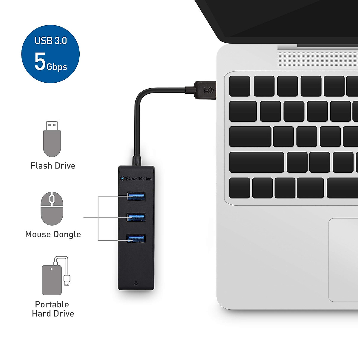 Cable Matters 4-in-1 USB Hub with Ethernet, Support Gigabit Ethernet (USB 3.0 Hub Ethernet, USB to Ethernet Adapter, Gigabit Ethernet USB Hub, USB Ethernet Hub) with 10/100/1000Mbps Network in Black