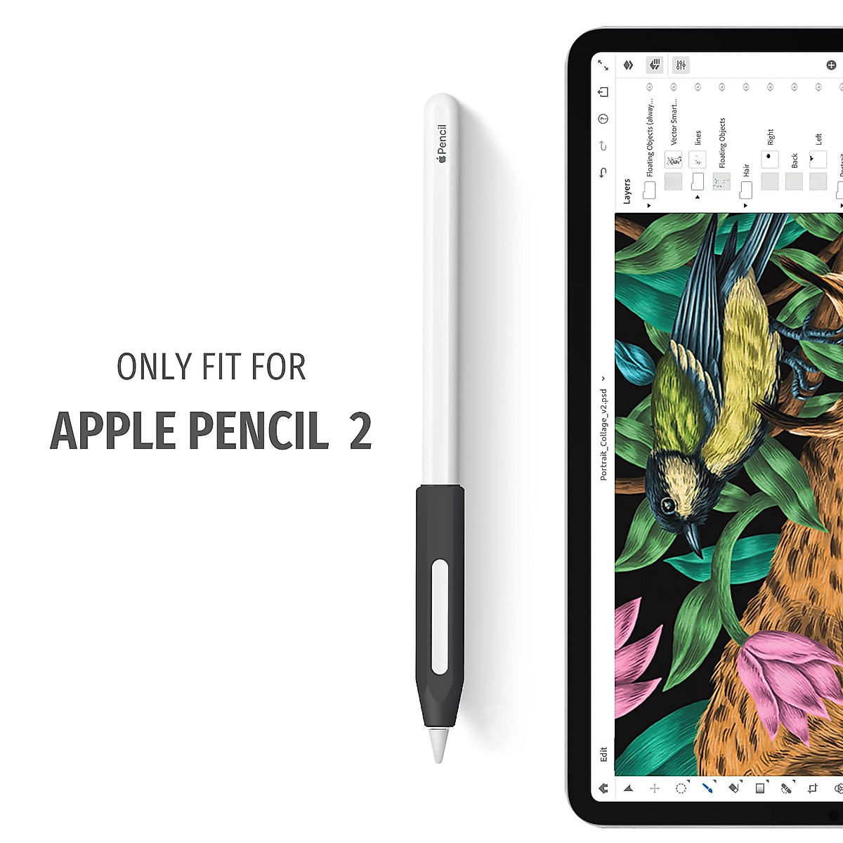 Grip Holder for Apple Pencil 2nd Generation Accessories,Protective Silicone Sleeve Cover Ergonomic Design Compatible with Magnetic Charging and Double Tap,Black