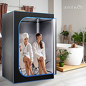 SereneLife Compact Portable Steam Sauna - Detoxify & Soothing Infrared Heated Body Therapy, Energy & Power-Efficient Design, Includes Folding Chair & Heated Foot Pad (Black)