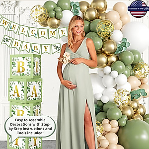 258 PC Sage Green Baby Shower Decorations, Gender Neutral Mint Balloons Garland and BABY Boxes, Welcome Baby Banner, Olive Green Baby Shower Decorations for Boy and Girl, Woodland Safari Jungle