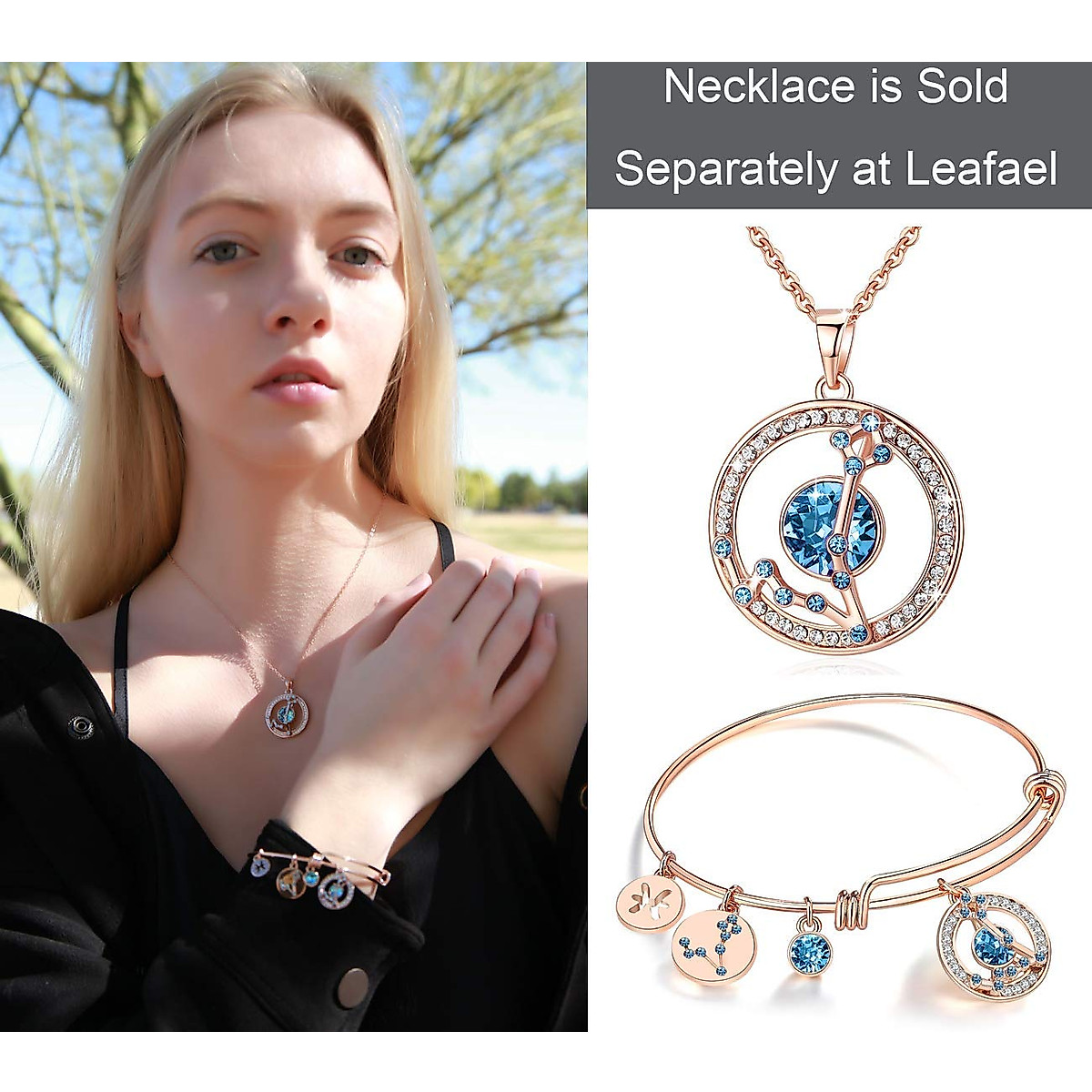 Leafael Superstar Pisces Zodiac Expandable Bangle Crystal Bracelet Horoscope Constellation Feburary March Birthstone Jewelry Gifts for Women, Rose Gold Plated, 7"