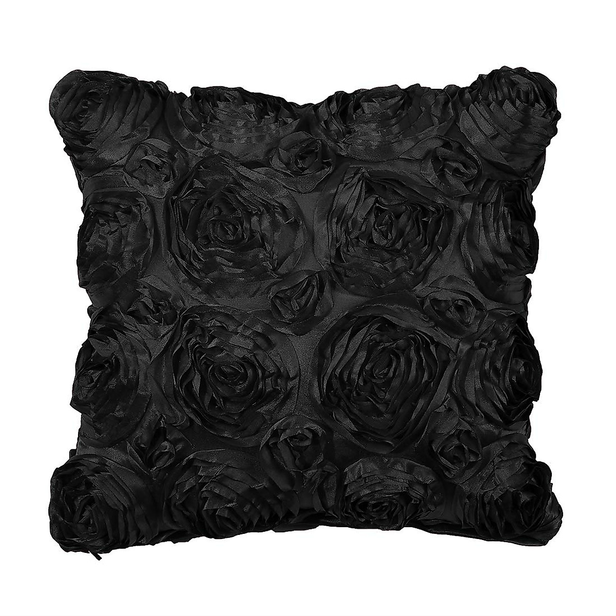 PiccoCasa 3D Flowers Throw Pillow Cover, Romantic Decorative Satin Cushion Cover, Stereo Roses Pillow Cover for Bed Sofa Couch, 16'' x 16'', Black