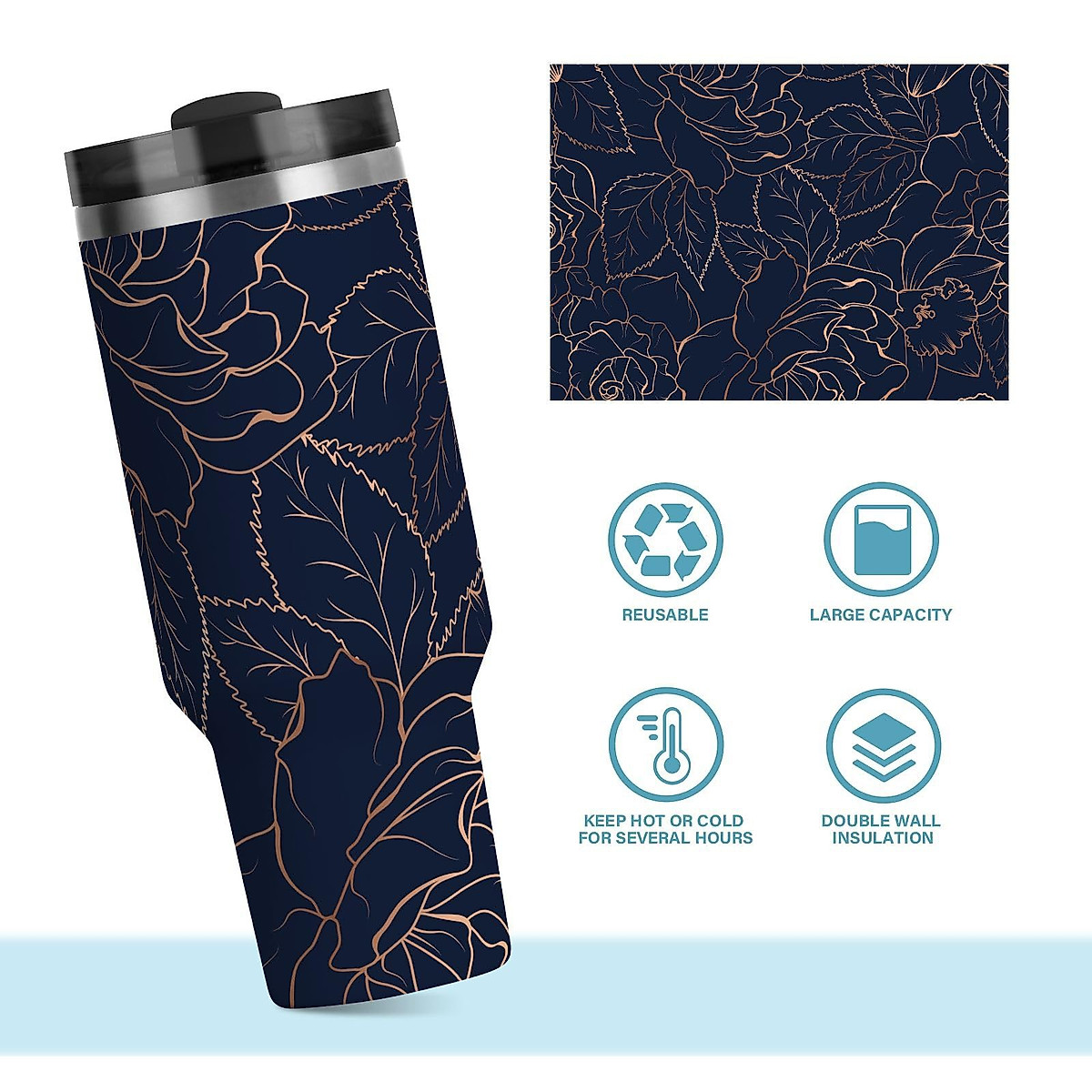 Yasala Car Tumbler with Handle Art Rose Flower Travel Mug Coffee Cup Insulated Beverage Container Mega Cup for Hot Cold Drinking Thermos Water Bottle Cupholder Friendly 40 oz