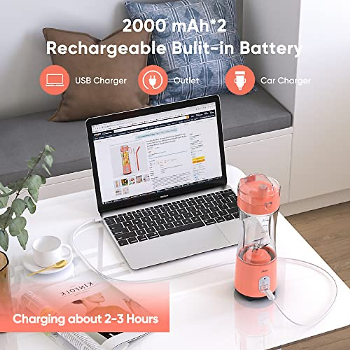 Personal Size Blender Smoothies and Shakes, Aoozi Portable Blenders, Mini Blender USB Rechargeable, Handheld Blender Sports,Travel and Home (Orange)