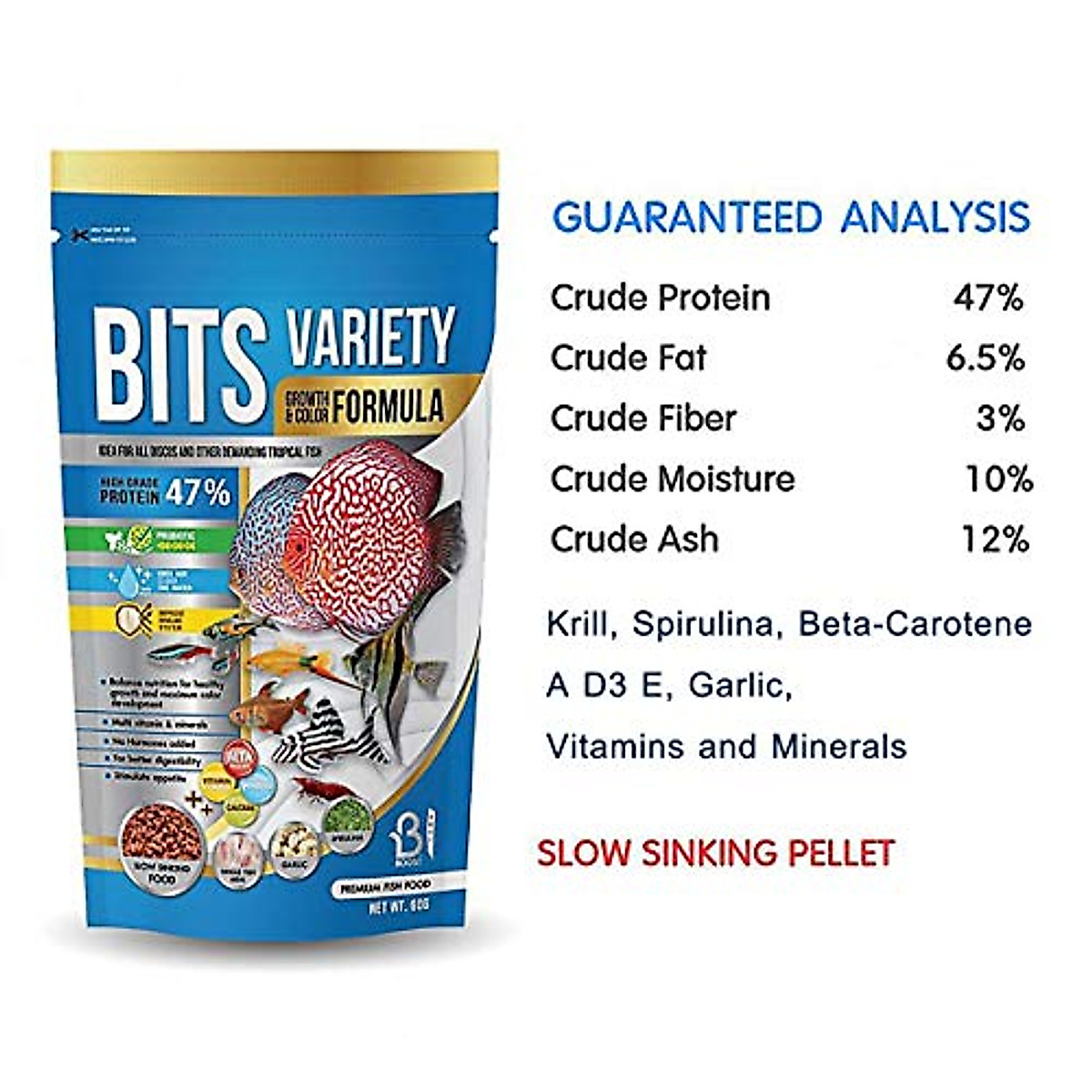 A.D.P. Fish Booster Bits Variety All Discus & Tropical Fish Food Mini Slow Sinking Pellets Grow Faster & Color Enhancing High Protein 47% for Goldfish & Aquarium Tropical Fish 60 g. Small Fish Feed