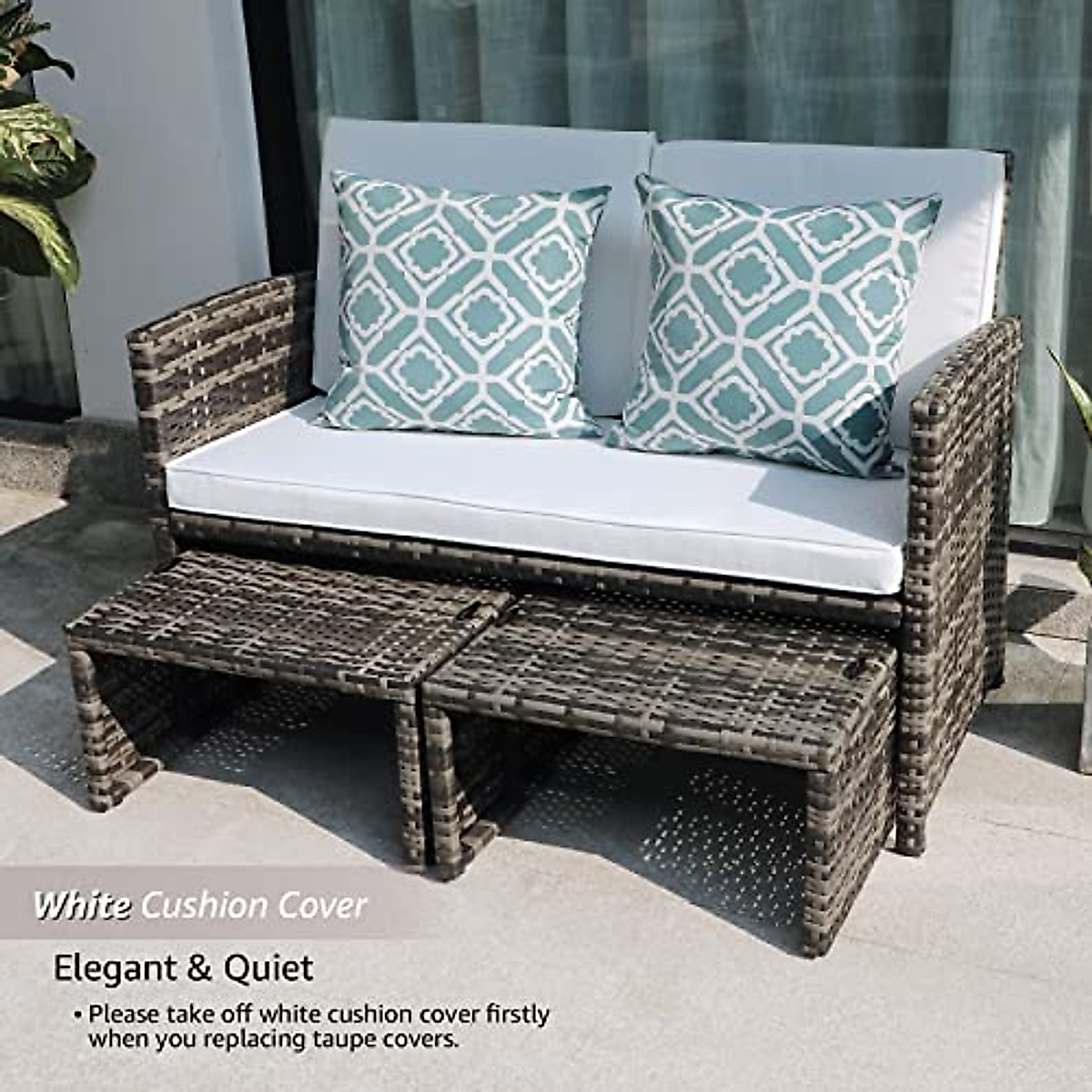 OC Orange-Casual Outdoor Loveseat Patio Furniture Rattan Conversation Set with Ottoman, White Cushions, Grey Wicker, Pillows Included
