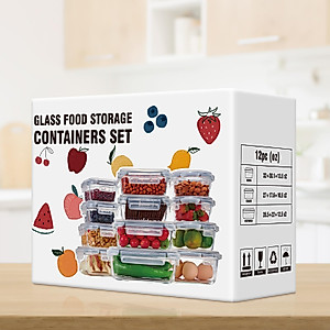 Glotoch 12 Sets Glass Food Storage Containers with Lids, Oven Safe Meal Prep Containers Reusable Glass Lunch Containers for Adults, Airtight Recipientes de Vidrio Con Tapa for Freezer & Dishwasher