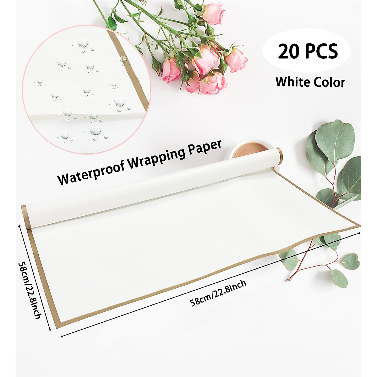 Unarty 20 Sheets White Flower Wrapping Paper, Waterproof Bouquet Wrapping Paper with Gold Edge, Floral Wrapping Paper Florist Bouquet Supplies for Flower Shop 22.8 x 22.8 Inch