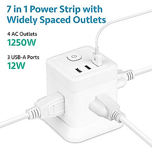 BEVA Power Strip with USB - 5ft Long Extension Cord with 4 Widely Spaced Outlets and 3 USB Ports Cube Desktop Charging Station, Overload Protection, Compact for Travel, Cruise Ship and Dorm