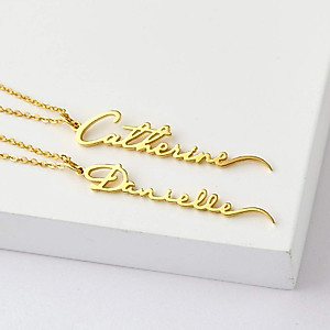 MRENITE 10k 14k 18k Solid Yellow Gold Personalized Vertical Name Necklace – Dainty Letter Engraved Bar Nameplate Jewelry - Custom Any Name Gift for Women (Small Nameplate)