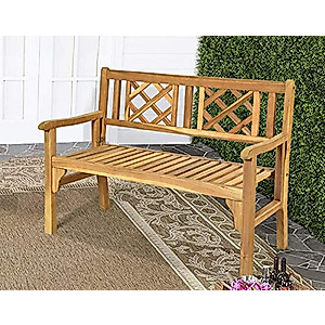 HAPPYGRILL Outdoor Patio Bench Acacia Wood Garden Bench with Backrest and Armrest, Foldable 4-Feet Two Person Loveseat Chair for Garden Lawn Balcony Backyard