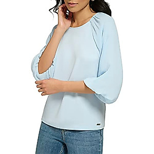 Calvin Klein Women's Loose Fitted Matte Jersey Mixed Media Lantern Sleeve Blouse, Cashmere Blue