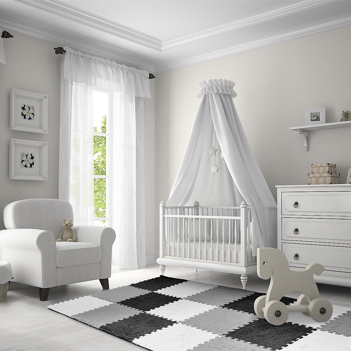 Amylove 36 Pcs Plush Foam Floor Mat Square Interlocking Carpet Tiles with Border Fluffy Play Mat Floor Tiles Soft Climbing Area Rugs for Home Playroom, 12 x 12 x 0.4 Inch (White, Gray, Black)