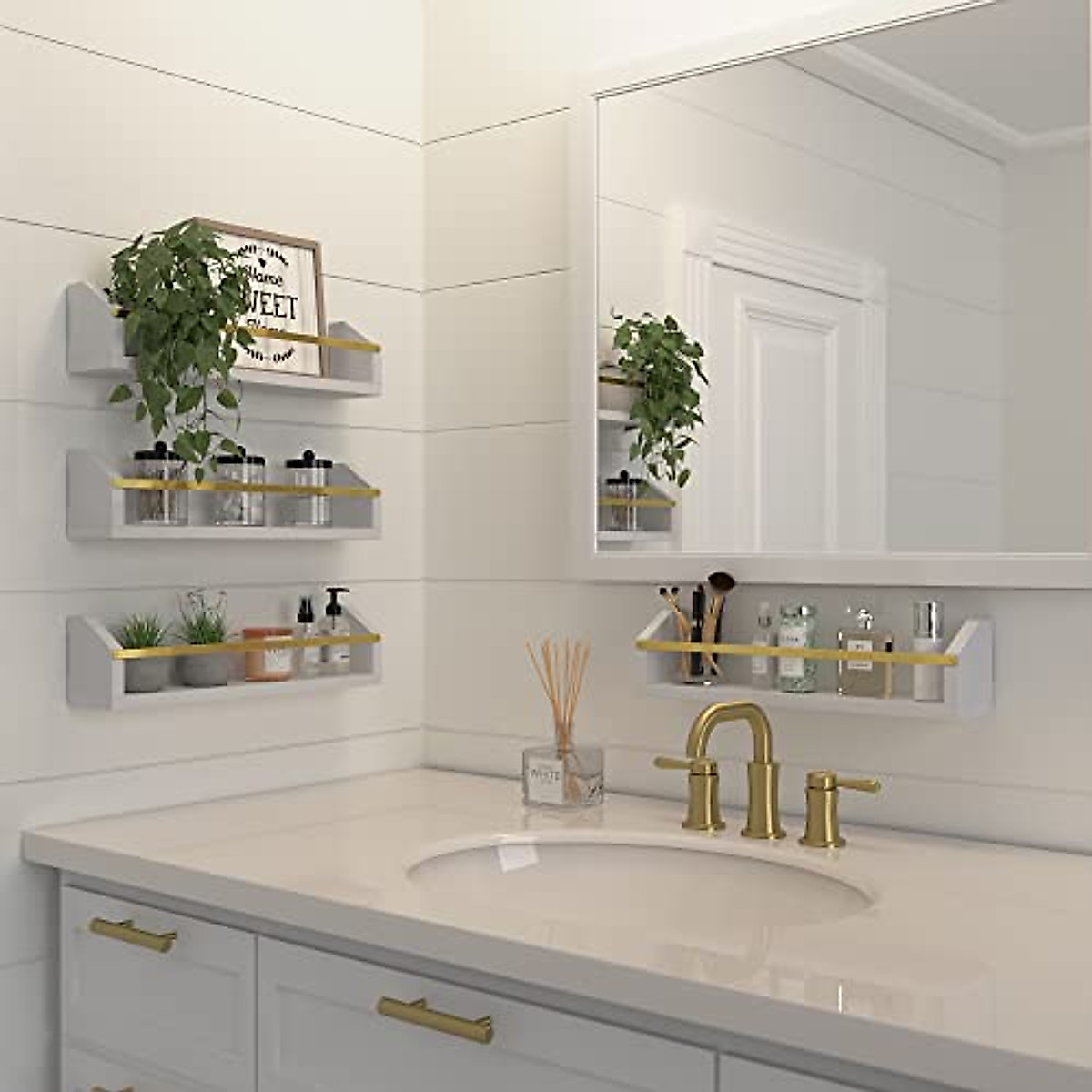 WOPITUES Floating Shelves with Protective Metal Rail, Small Bathroom Shelves Set of 4, Spice Rack Wall Mount, Wood Shelves for Kitchen, Living Room, Bedroom, Nursery Book- Modern White and Gold