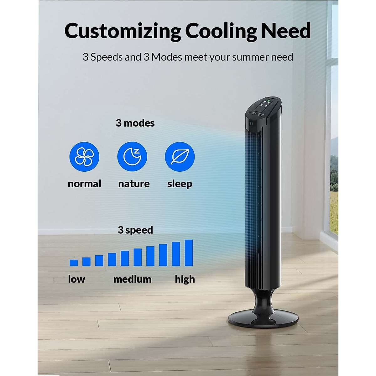 NIUVUIN Tower Fan, 33-Inch Cooling Fans That Blow Cold Air Portable Space-Saving Bladeless Fan 3 Modes 3 Speeds 12-Hour Timer 70° Oscillating Quiet Tower Fan with Remote for Bedroom and Home Office