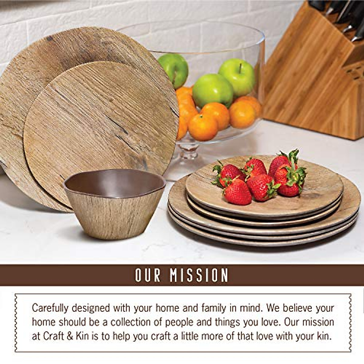 Melamine Dinnerware Sets - 12 pcs Melamine Plates Outdoor Plates Summer Plates and Bowls Sets Melamine Plates Ideal Camping Dish Set Dinnerware Set for 4 Dishwasher Safe (Wood Grain)