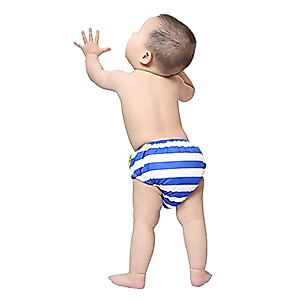 FreeSwimmingBaby Reusable Absorbent Swim Diaper Washable Striped swim Trunks for Baby Boys and Girls (L, White+Blue)