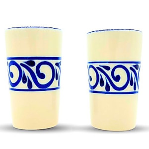 Casa Fiesta Designs Mexican Shot Glasses, Tequilero Mexicano - Hand-painted in Mexico - Great for Tequila, Mezcal and Sangrita, 2 oz set of 2 - Tequilero Colonial White Flores Entre Lineas