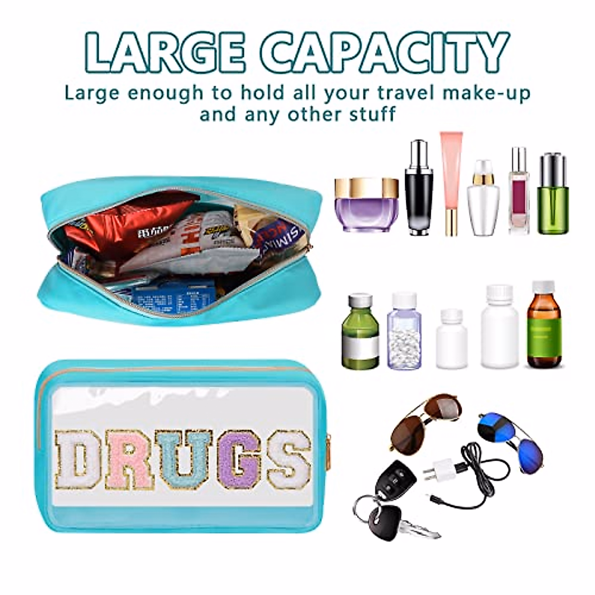 Iqimott Preppy Patch Clear Makeup Bag, Women Chenille Letter Cosmetic Bag for Travel, Nylon Waterproof Organization Outdoor Zipper Pouch Toiletry Bag for Women Girls(Green)