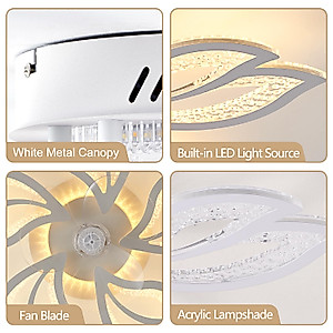 haodengshi 25" Modern Ceiling Fan with Lights and Remote Control, White Geometric Ceiling Fan with Lights, 3 Light Color 6 Speeds Flush Mount Low Profile Ceiling Fan for Bedroom Kitchen