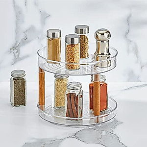 Nate Home by Nate Berkus 2-Tier Plastic 9-Inch Turntable Organizer with Ash Wood Accents | for Kitchen Cabinet, Countertop, or Pantry Organizing from mDesign - Set of 2, Clear/Natural