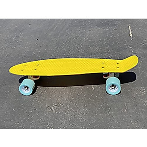 Yellow Skateboard with Blue Wheels Cruiser Board 22" Complete Board for Adult and Beginners AZM