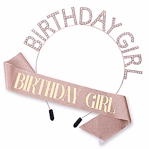 WLLHYF Birthday Crown for Women, Birthday Girl Headband Rose-Gold Rhinestone Hair Band Birthday Sash and Tiara Crystal Crown Headband for Women Girl Birthday Accessories Party Decorations