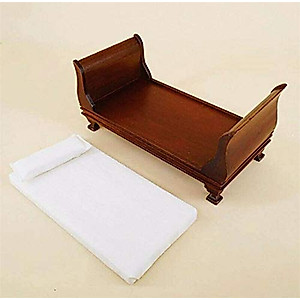 EatingBiting 1:12 Scale Collectible Buildings Miniature Bed Furniture Noble Wooden Single European Style Bed with Bedding and Decorative Pillow