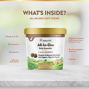 NaturVet All-in-One Dog Supplement - for Joint Support, Digestion, Skin, Coat Care – Dog Multivitamins with Minerals, Omega-3, 6, 9 – Wheat-Free Vitamins for Dogs – 60 Soft Chews