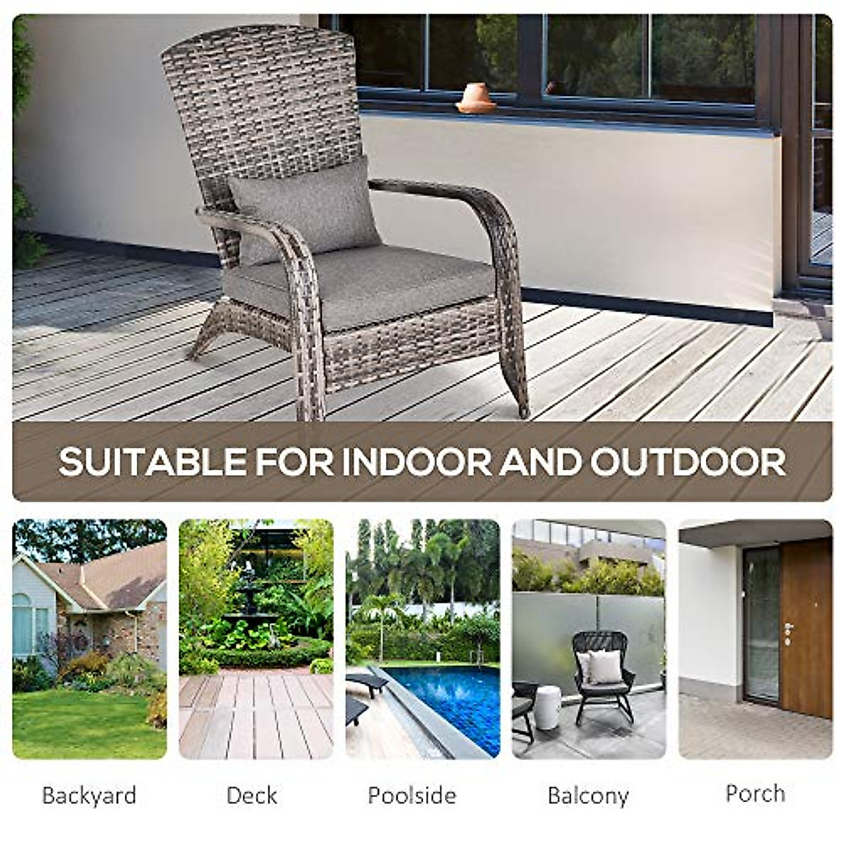 Outsunny Patio Wicker Adirondack Chair, Outdoor All-Weather Rattan Fire Pit Chairs w/Soft Cushions, Tall Curved Backrest, and Comfortable Armrest for Deck or Garden, Grey